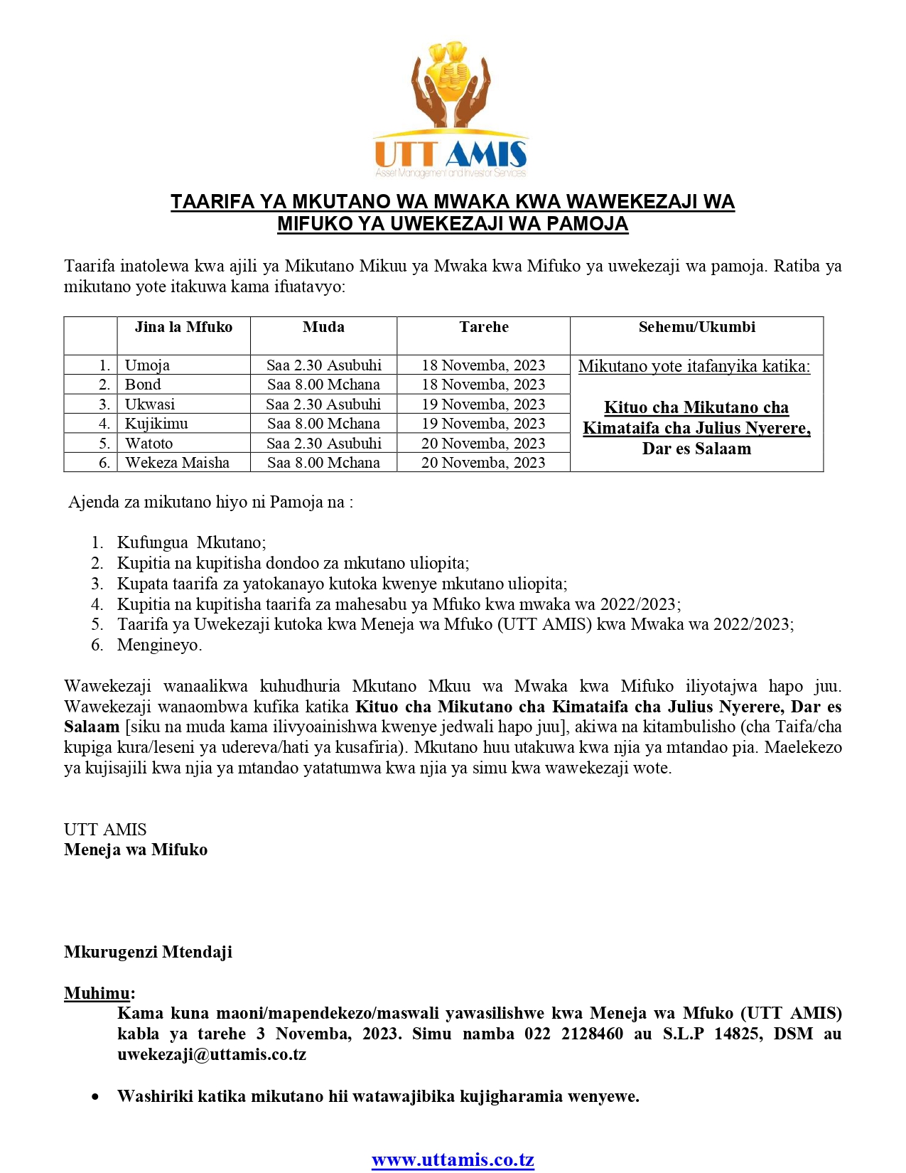 INVESTORS' NOTICE: MOBILE APPLICATIONS UPGRADES AND NEW LAUNCH OF UTT ...
